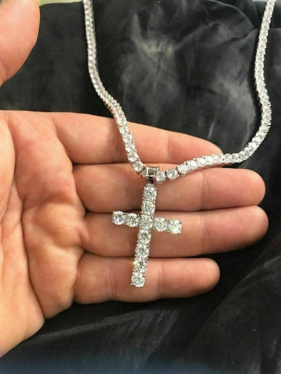 4mm Single Row Tennis Chain W. Cross Solid 925 Sterling Silver 80ct Man Made Diamond Etsy
