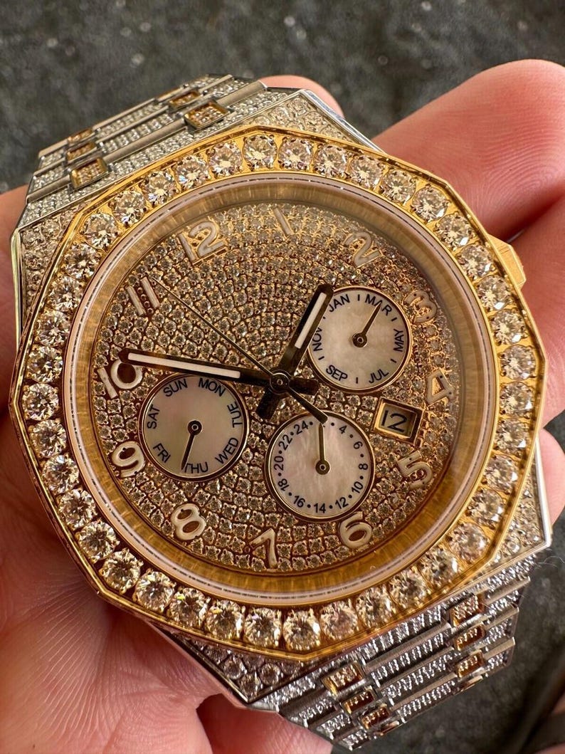 Real MOISSANITE Mens Watch Gold Two Tone Iced Skeleton Back Passes ...