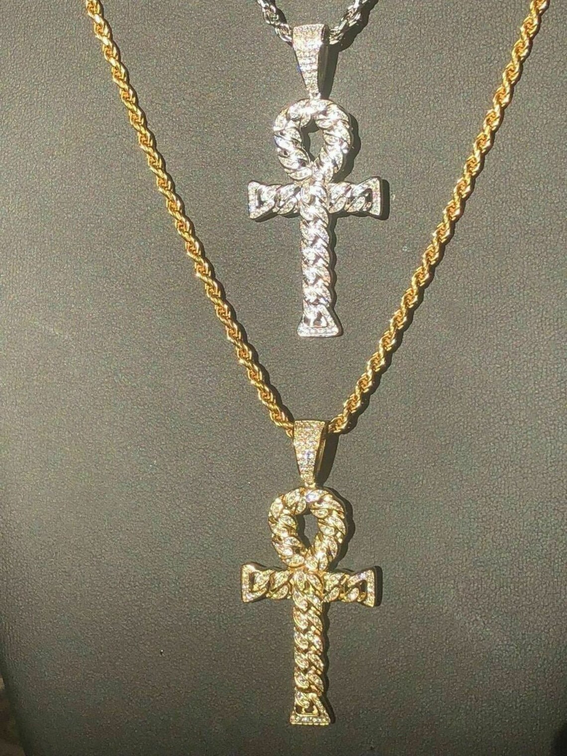 Ankh Cuban Link Cross 14k Gold Solid 925 Sterling Silver Pendant 1ct ...