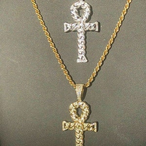 Ankh Cuban Link Cross 14k Gold Solid 925 Sterling Silver Pendant 1ct ...