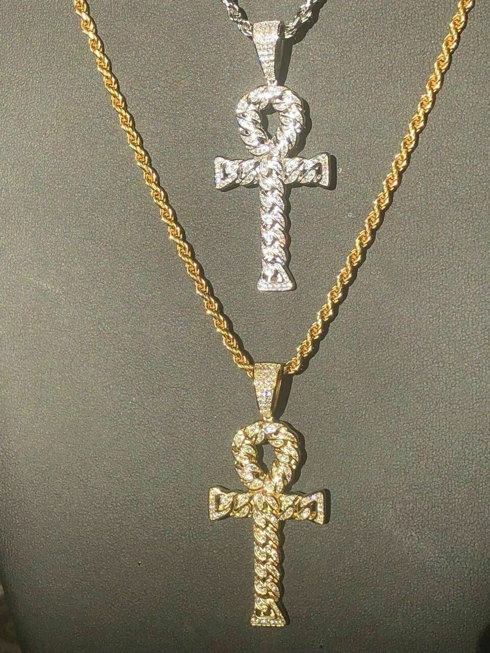 Ankh Cuban Link Cross 14k Gold Solid 925 Sterling Silver Pendant 1ct ...
