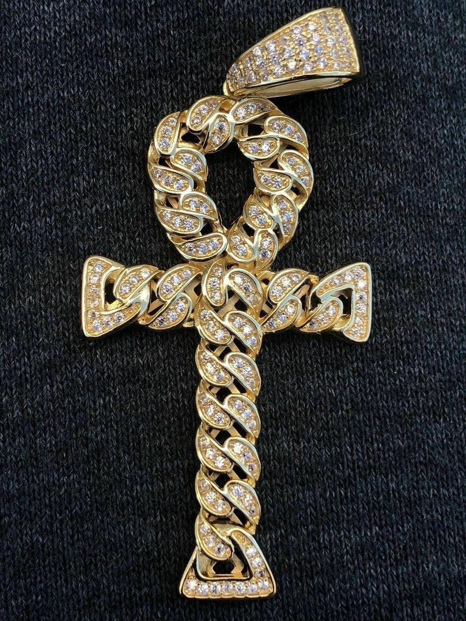 Ankh Cuban Link Cross 14k Gold Solid 925 Sterling Silver Pendant 1ct ...
