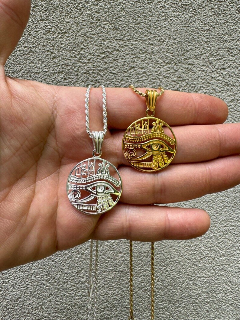 Eye of Horus Egyptian Hieroglyphics Real 925 Silver / Gold Necklace ...