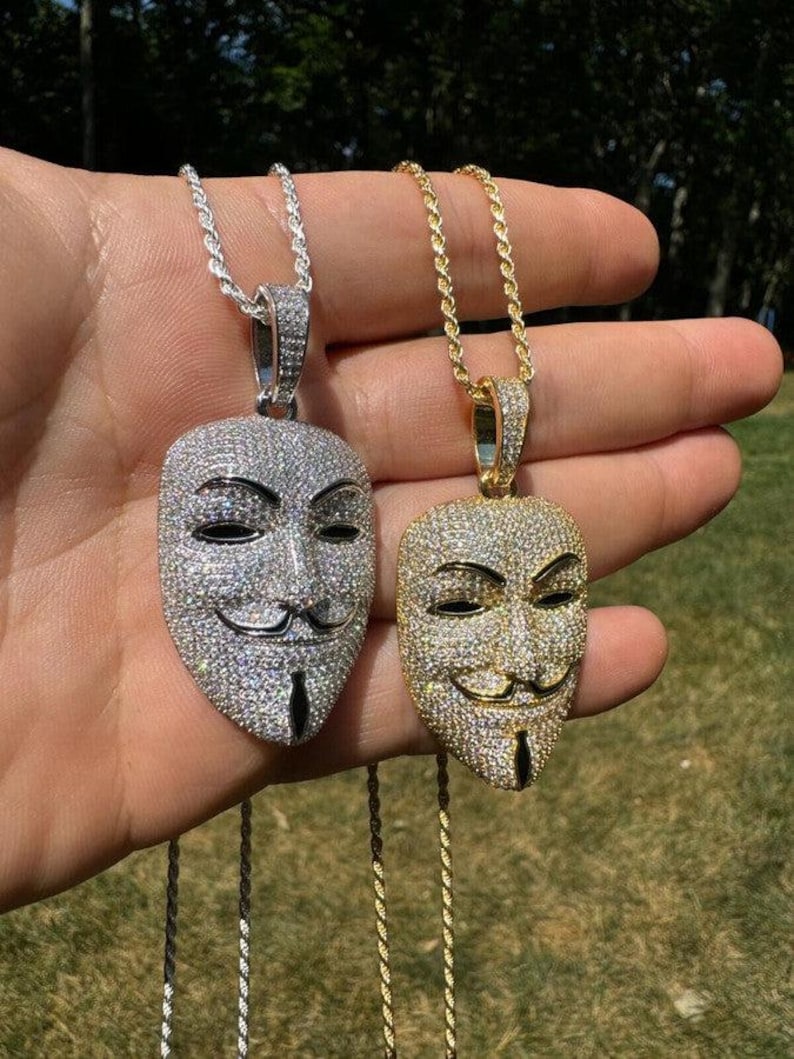 Real Moissanite V for Vendetta Mask Iced Anonymous Pendant Necklace 925 ...