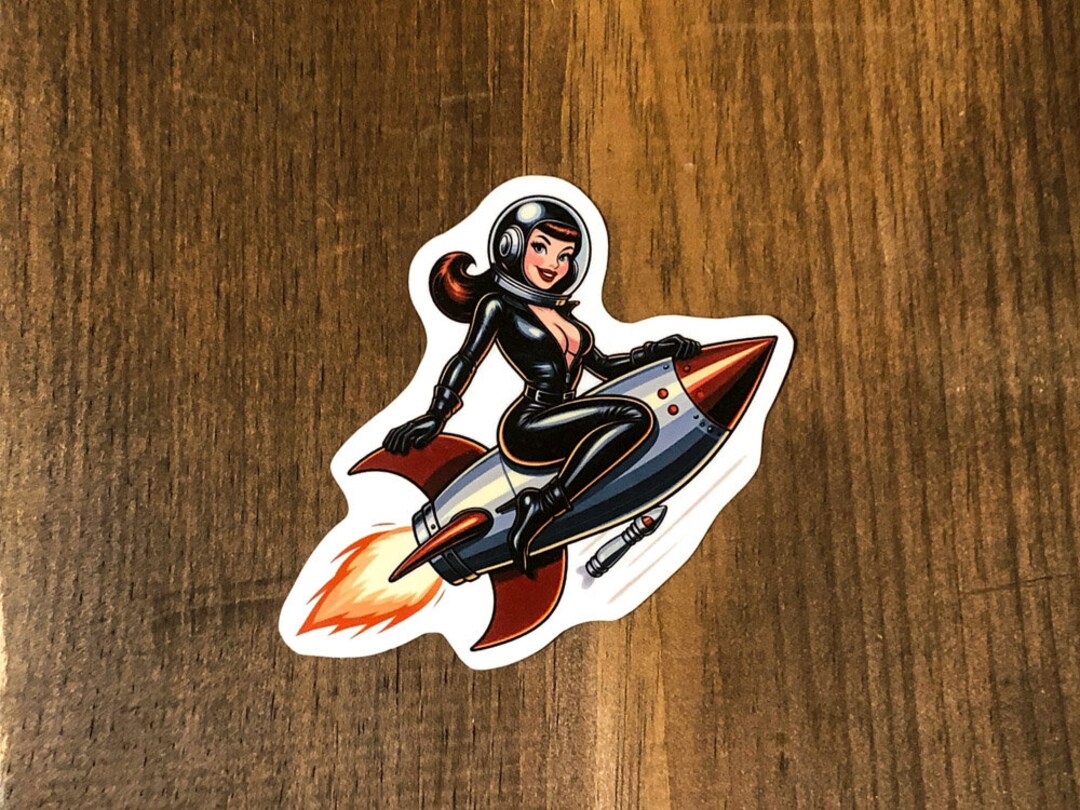 Retro Pinup Girl Riding a Rocket, Vintage, Retro, Sticker, Water Proof ...