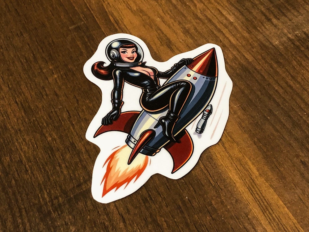 Retro Pinup Girl Riding a Rocket, Vintage, Retro, Sticker, Water Proof ...