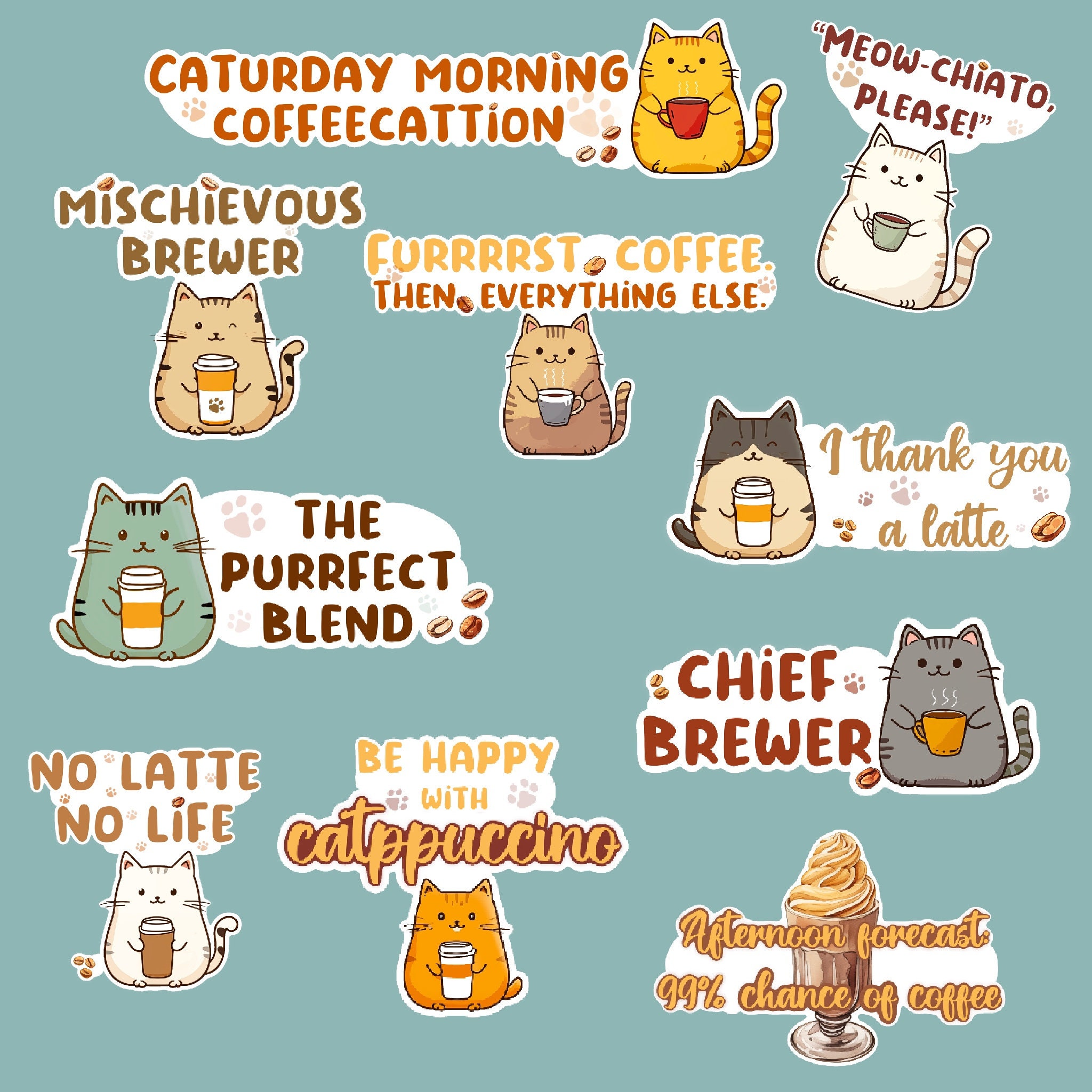 High Resolution Printable Digital Cat and Coffee Deco Stickers Pack ...