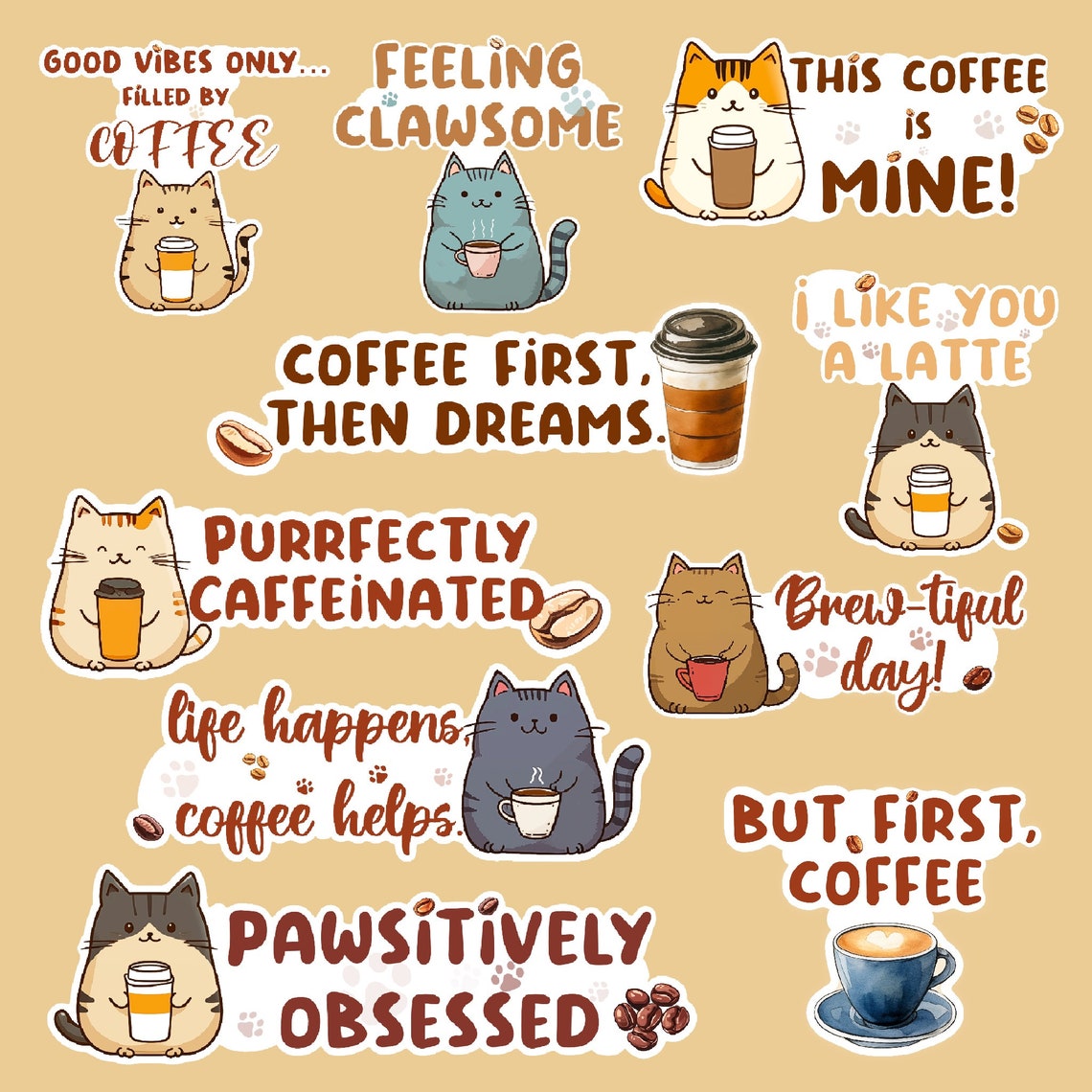 High Resolution Printable Digital Cat and Coffee Deco Stickers Pack ...