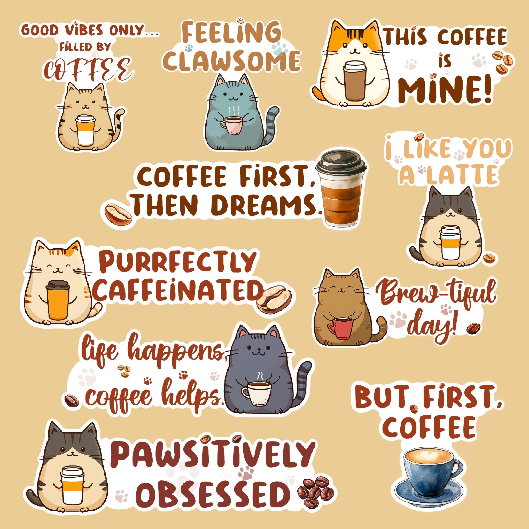 High Resolution Printable Digital Cat and Coffee Deco Stickers Pack ...