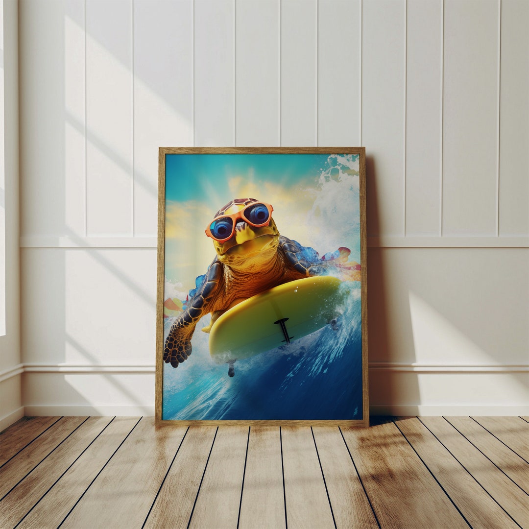 Whimsical Turtle Surfing Print | Funny Animal Art | Surfing Sea Life ...