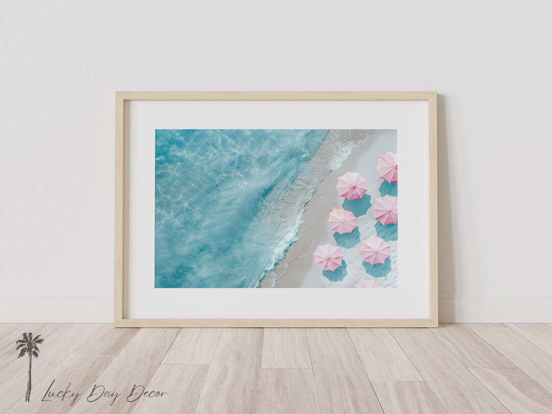 Simplistic Beach Day Pink Umbrella Coastal Wall Art Chic Apartment ...