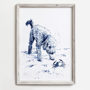 Beach Doodle Finds Crab | Coastal Dog Art | Cute Blue Sketch Art Print ...