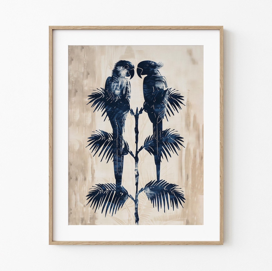 Happy Parrots on Island Time Vintage Coastal Bird Art Rustic Navy Blue ...