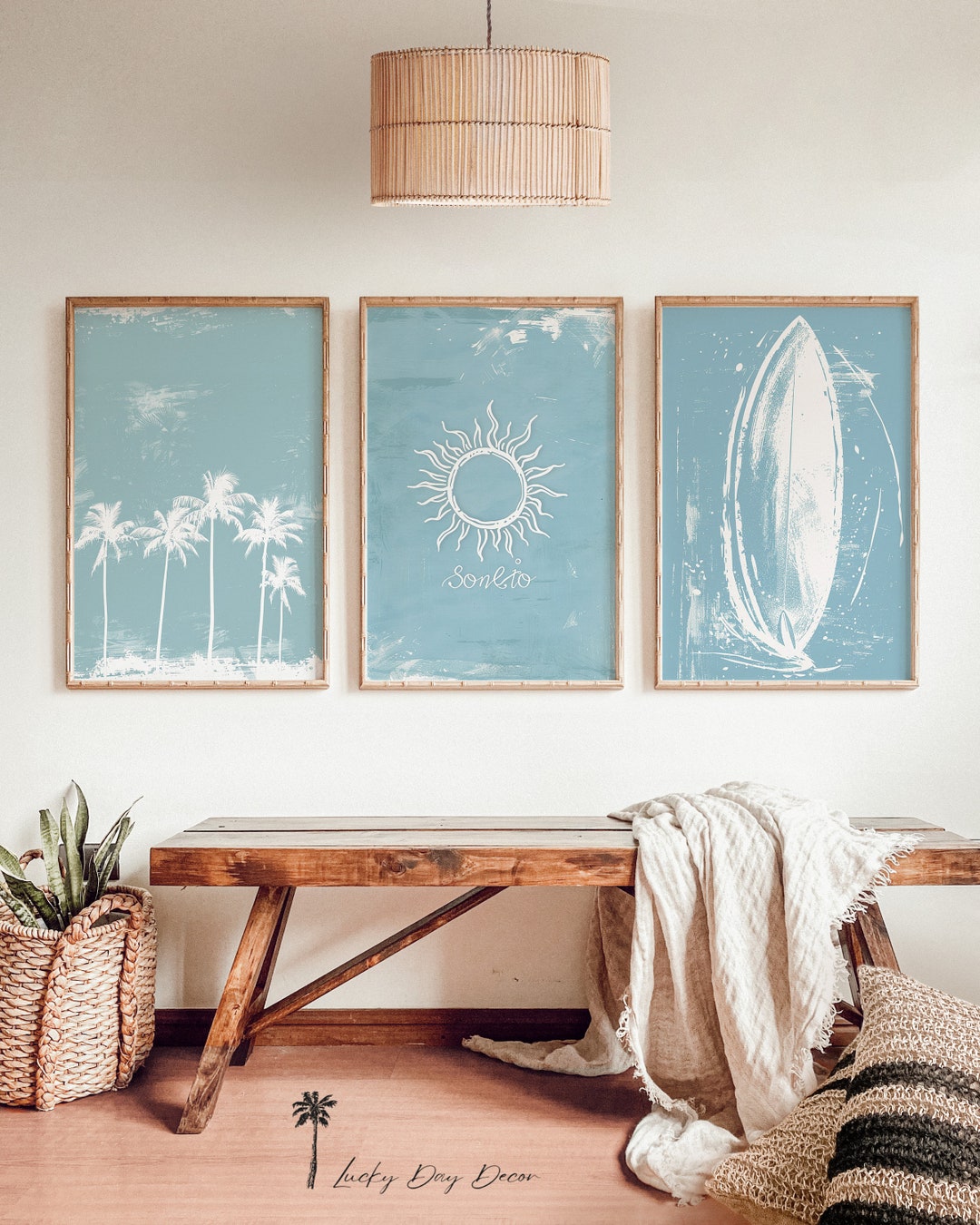 Sun Surfboard Palms | Collection of 3 Beach Art | Coastal Living Room Art | Soft Blue Turquoise ...