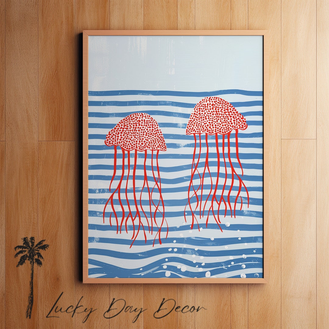 Red Jellyfish on Blue Sea Life Decor - Bathroom Nursery Wall Art ...