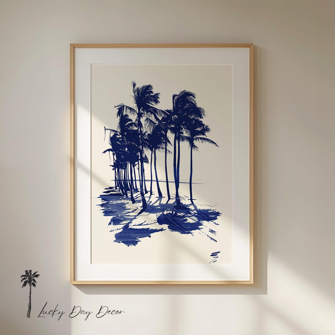 Coastal Breeze Beach Palms - Blue Vintage Beach Print - Coastal Summer ...