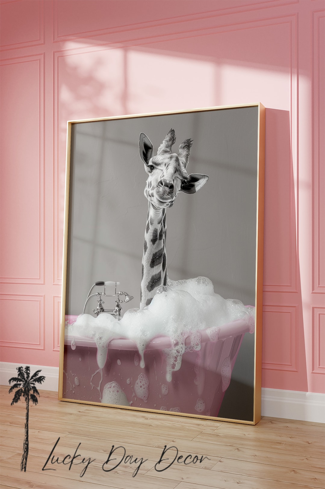 Giraffe in Pink Bubble Bath | Humorous Bathroom Prints | Giraffe Powder ...