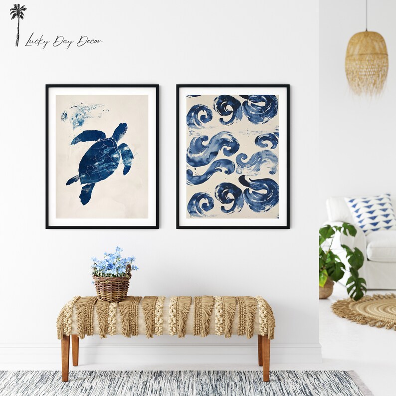 Abstract Sealife Set of 2 Waves & Turtle Navy Blue Coastal Art Sea ...