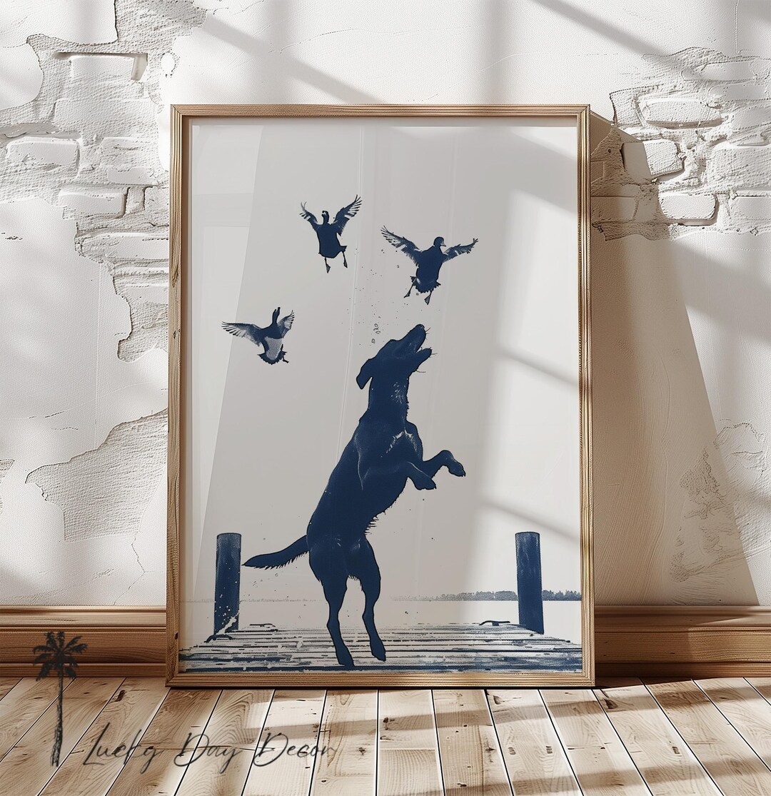 Dog Chasing Ducks | Funny Lake Coastal Dogs | Summer Home Wall Art ...