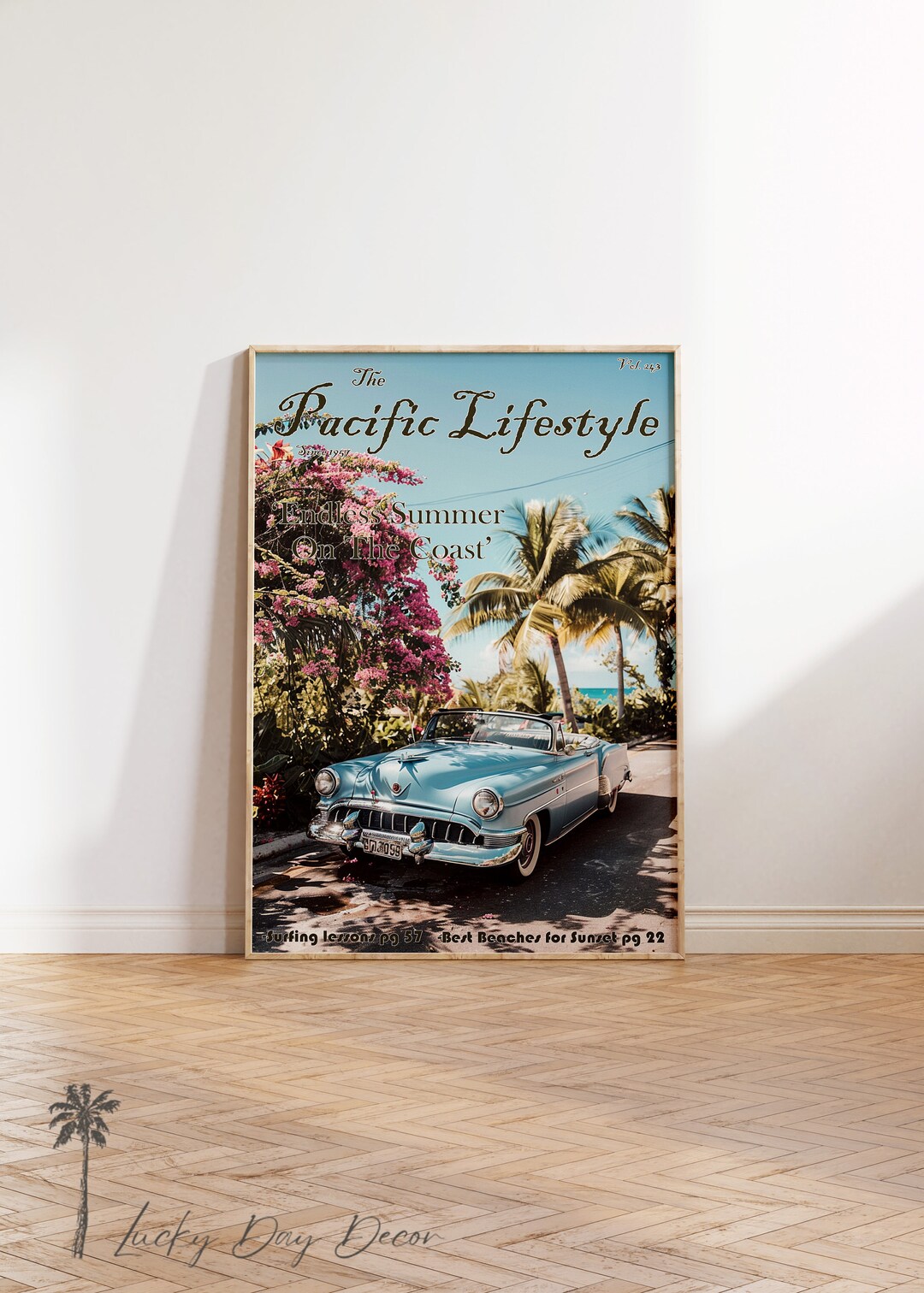 Pacific Lifestyle Vintage Beach Magazine Cover Classic Blue Car on ...