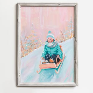 Vintage Snow Sledding Art Prints Set of 3 Pink Pastel Winter Paintings ...