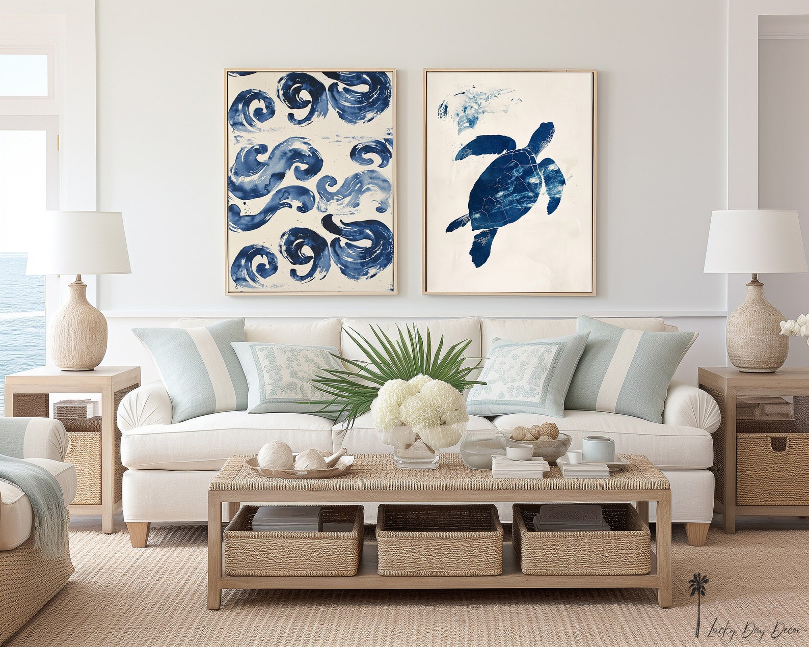 Abstract Sealife Set of 2 Waves & Turtle Navy Blue Coastal Art Sea ...
