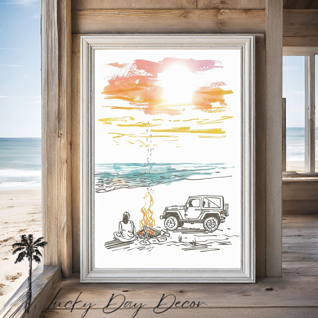 Peaceful Sunset Beach Buggie Sun Sand Sea Coastal Sketch Art Print Solo ...