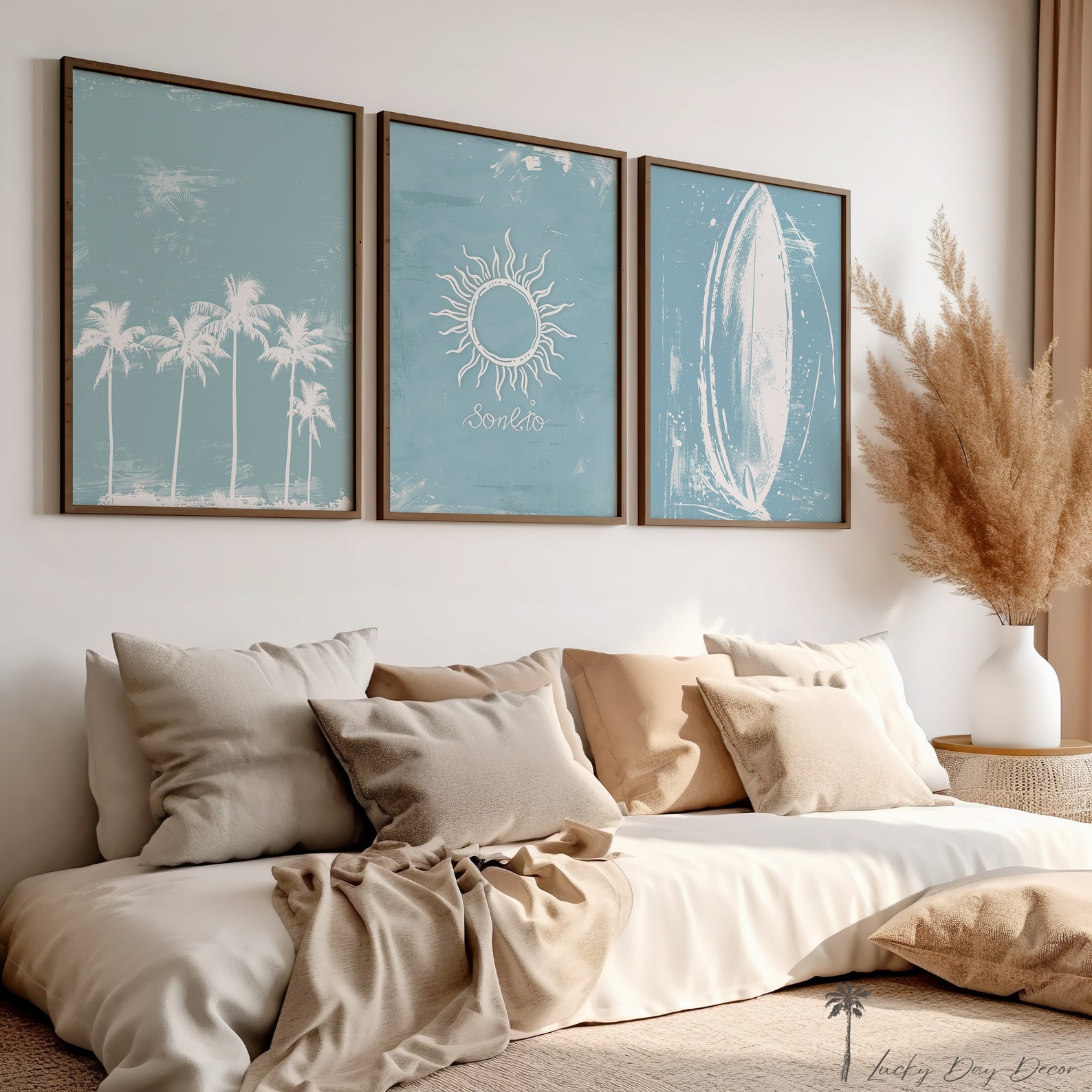 Sun Surfboard Palms | Collection of 3 Beach Art | Coastal Living Room Art | Soft Blue Turquoise ...