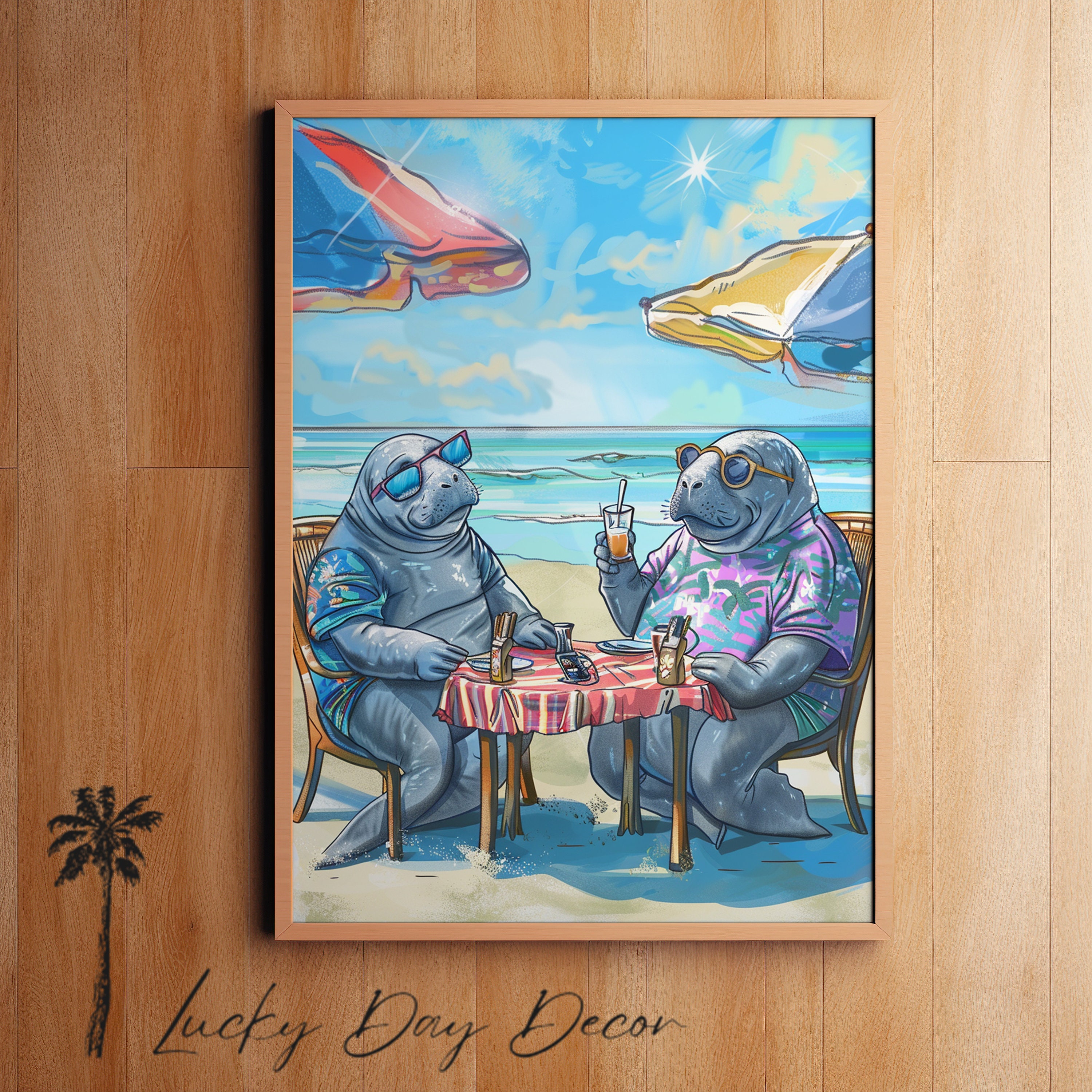 Manatee Happy Hour Simplistic Color Sketch Whimsical Florida Manatees ...