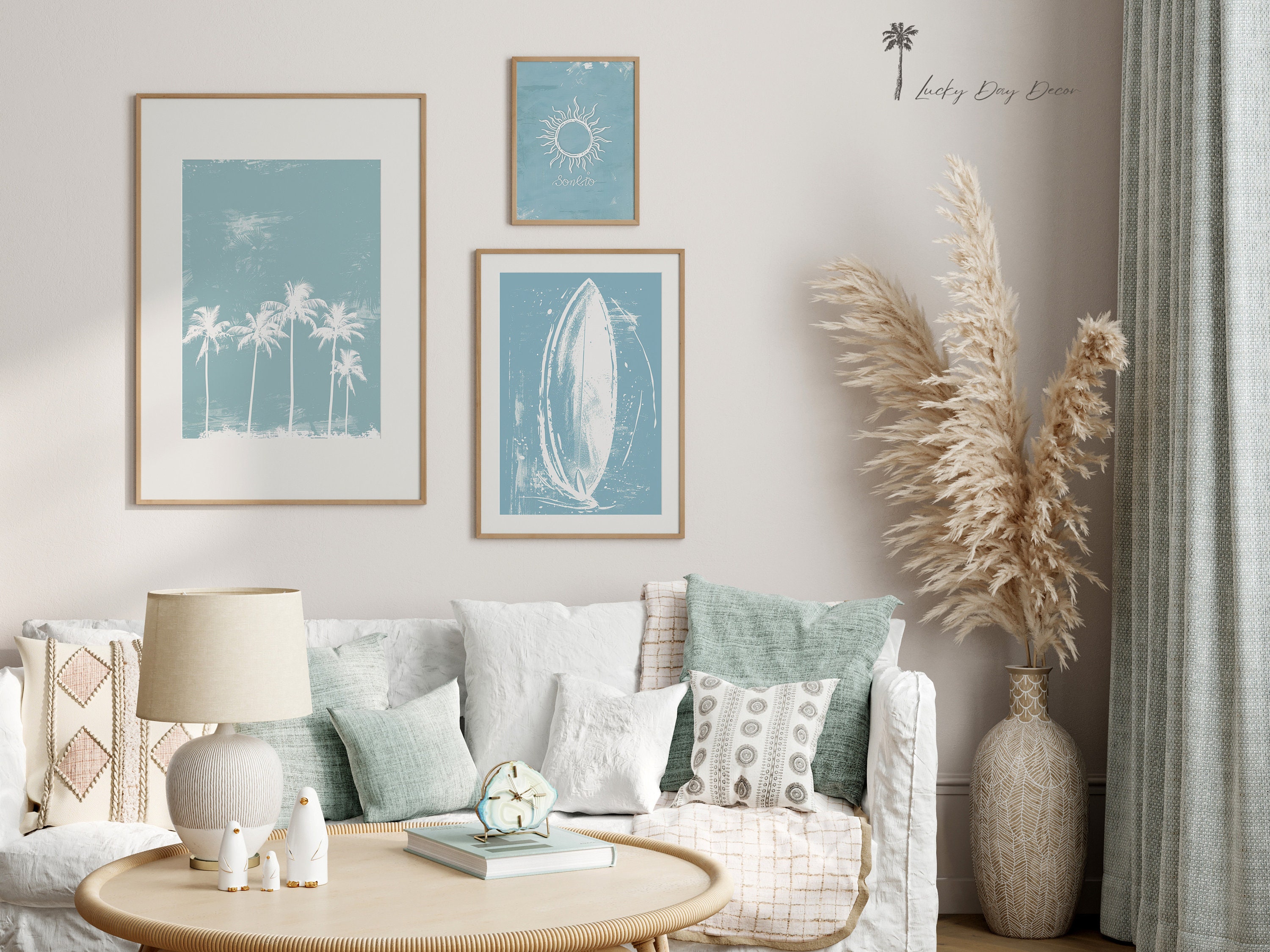 Sun Surfboard Palms | Collection of 3 Beach Art | Coastal Living Room Art | Soft Blue Turquoise ...
