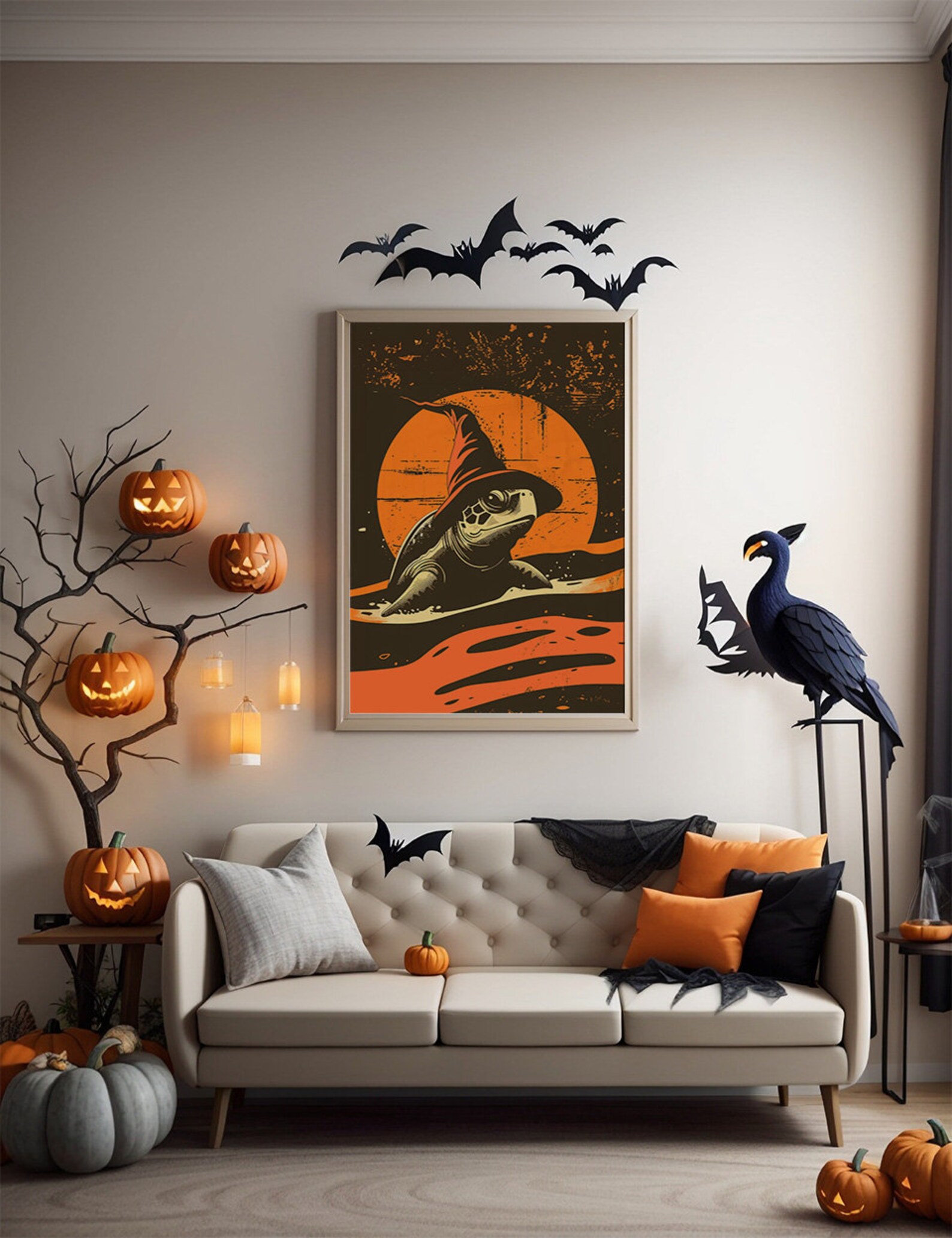 Halloween Coastal Sea Turtle Witch Hat Vintage Sketch Wall Art Trick or ...