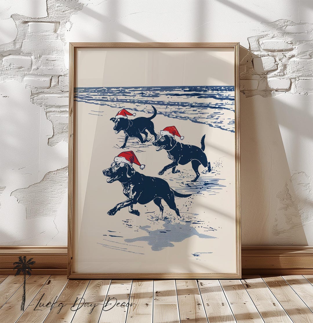 Christmas Dogs Labradors Run Santa Hats - Holiday Dog Sketch Art Animal ...