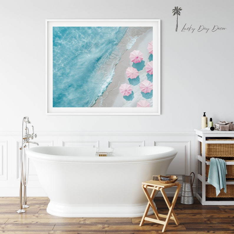 Simplistic Beach Day | Pink Umbrella Coastal Wall Art | Chic Apartment ...