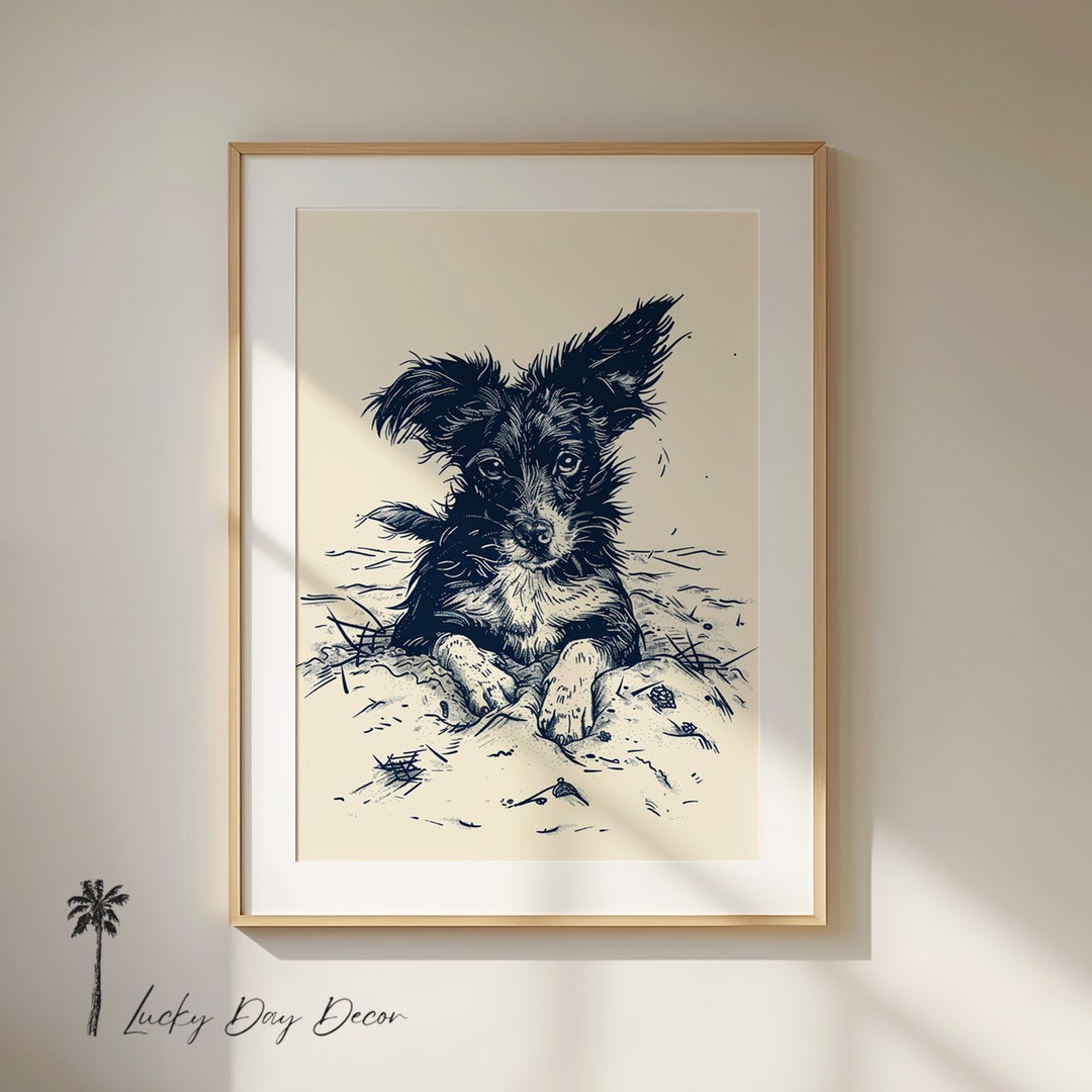 Happy Beach Mutt | Border Collie Art | Dog Laying in Sand | Vintage ...