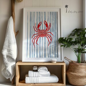 Coastal Blue Red Crab Print | Sea Life Bathroom | Nursery Wall Art ...