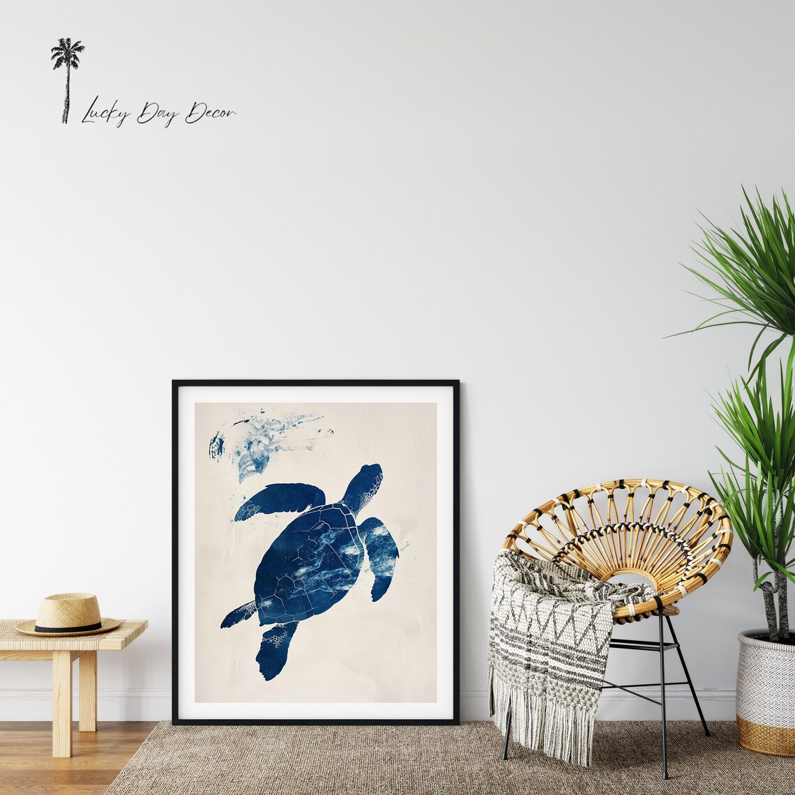 Abstract Sealife Set of 2 Waves & Turtle Navy Blue Coastal Art Sea ...