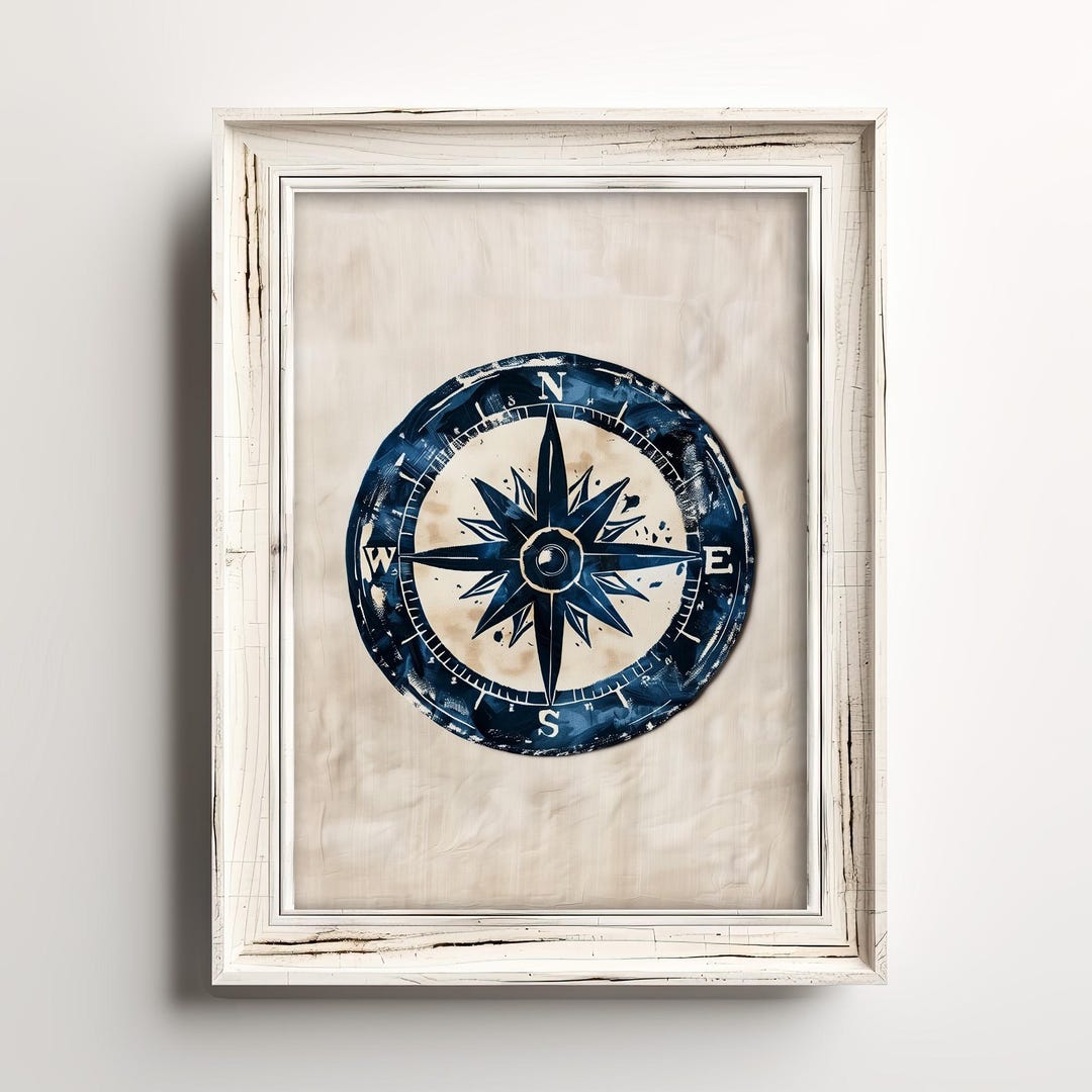 Rustic Compass | Vintage Coastal Island Art | Nautical Navy Blue ...