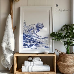 Surfing Dog Happy Doodle Sketch Print | Vintage Coastal Home Print ...