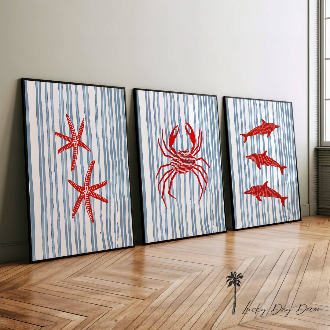 Starfish Crab Dolphins Set of 3 Sea Life Decor Bathroom Nursery Wall ...