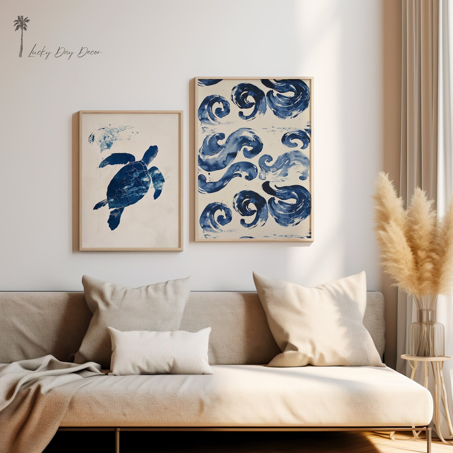 Abstract Sealife Set of 2 Waves & Turtle Navy Blue Coastal Art Sea ...
