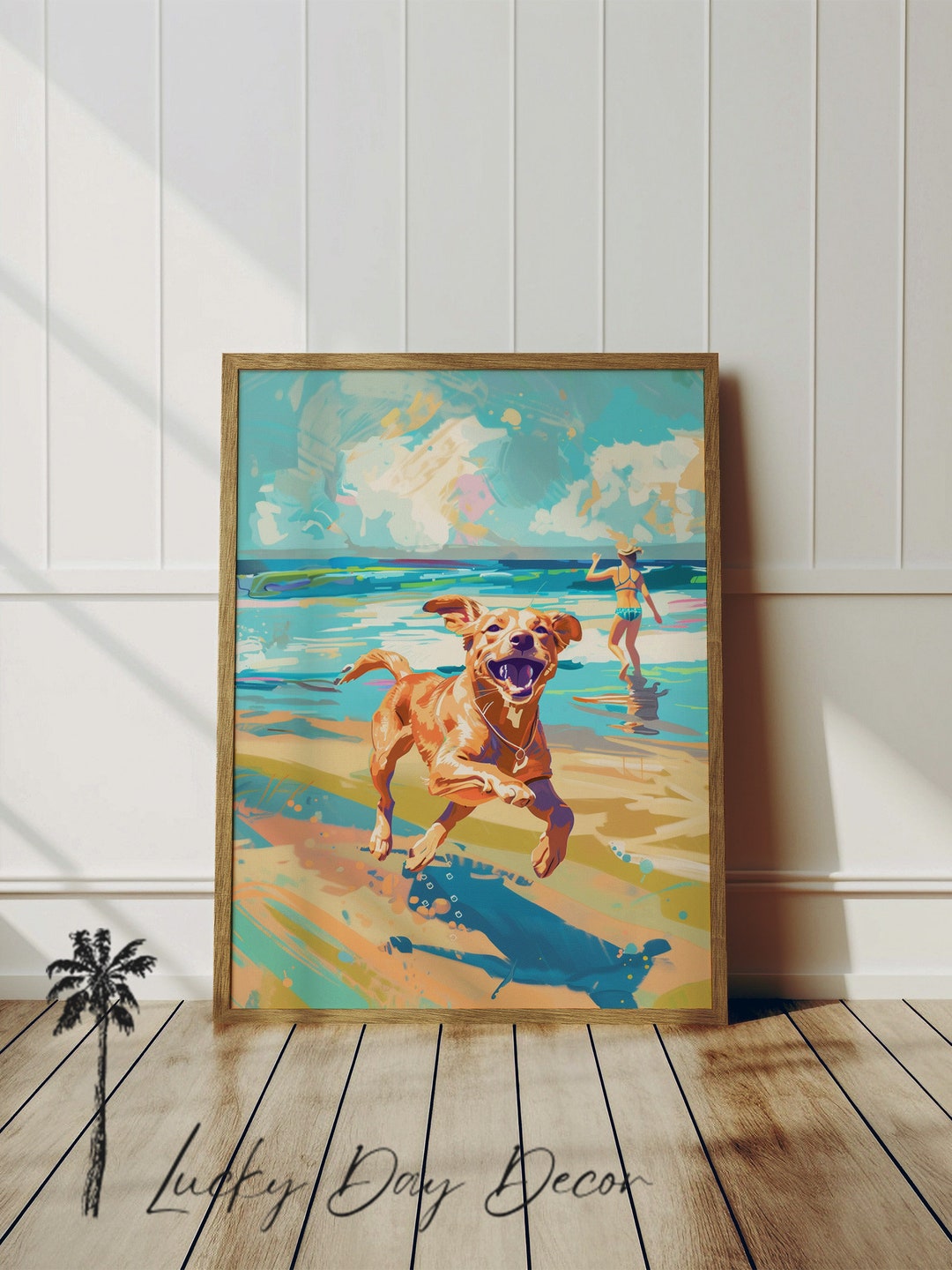 Happy Brown Mutt Dog | Running on Beach | Coastal Canine Art | Colorful ...