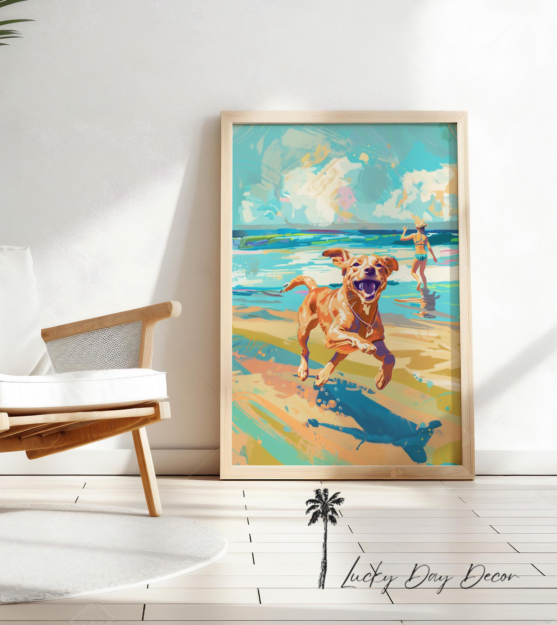 Happy Brown Mutt Dog | Running on Beach | Coastal Canine Art | Colorful ...