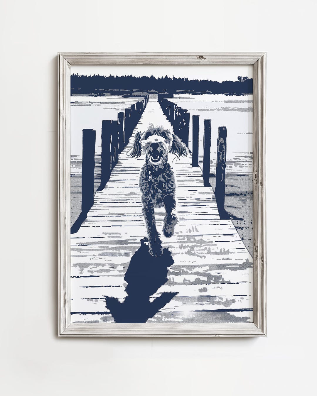 Doodle Run on Pier | Coastal Dog Life Art | Summer Home Wall Decor ...