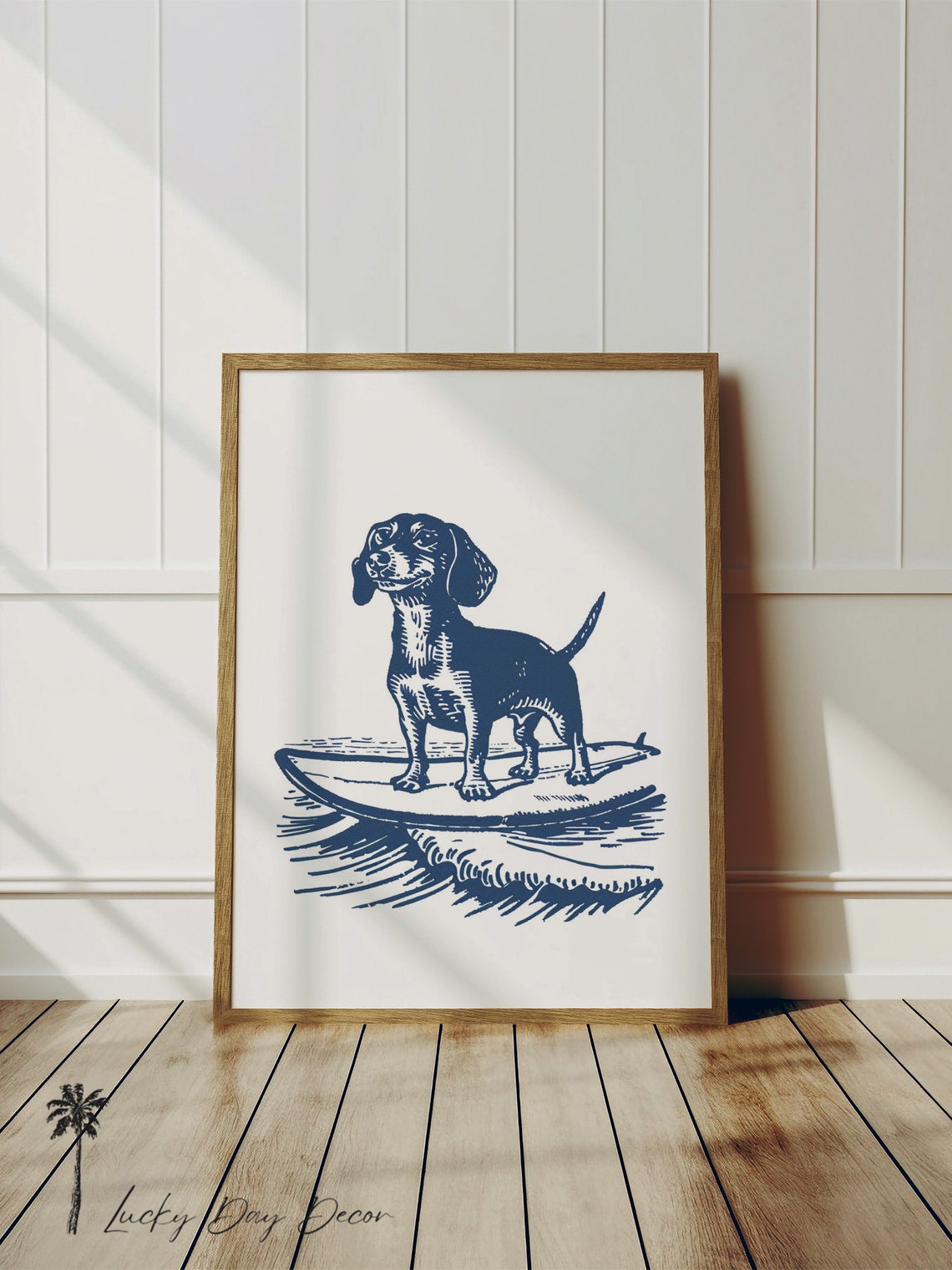 Surfing Dog Happy Weiner Dog Sketch Print Vintage Coastal Home Print ...