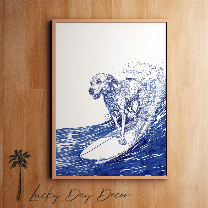 Surfing Dog Labrador Wave Print - Vintage Coastal Wall Art for Dog ...