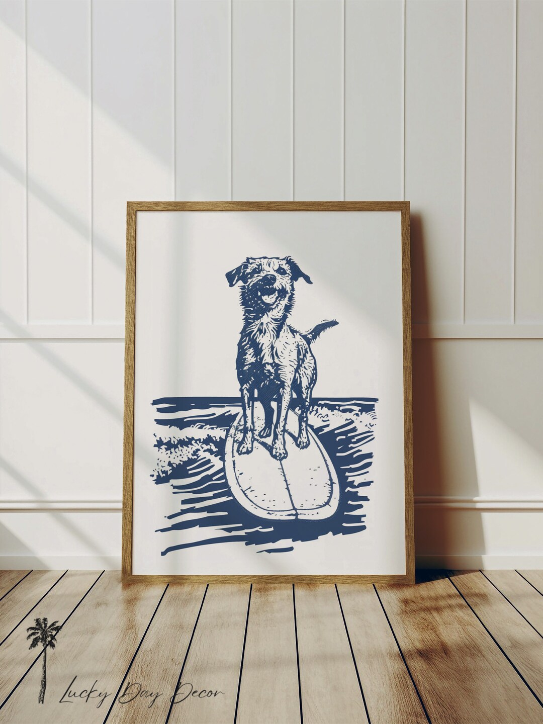 Happy Surfing Mutt Dog - Blue Sketch Print - Vintage Coastal Wall Art ...