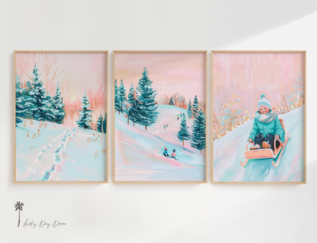 Vintage Snow Sledding Art Prints Set of 3 Pink Pastel Winter Paintings ...