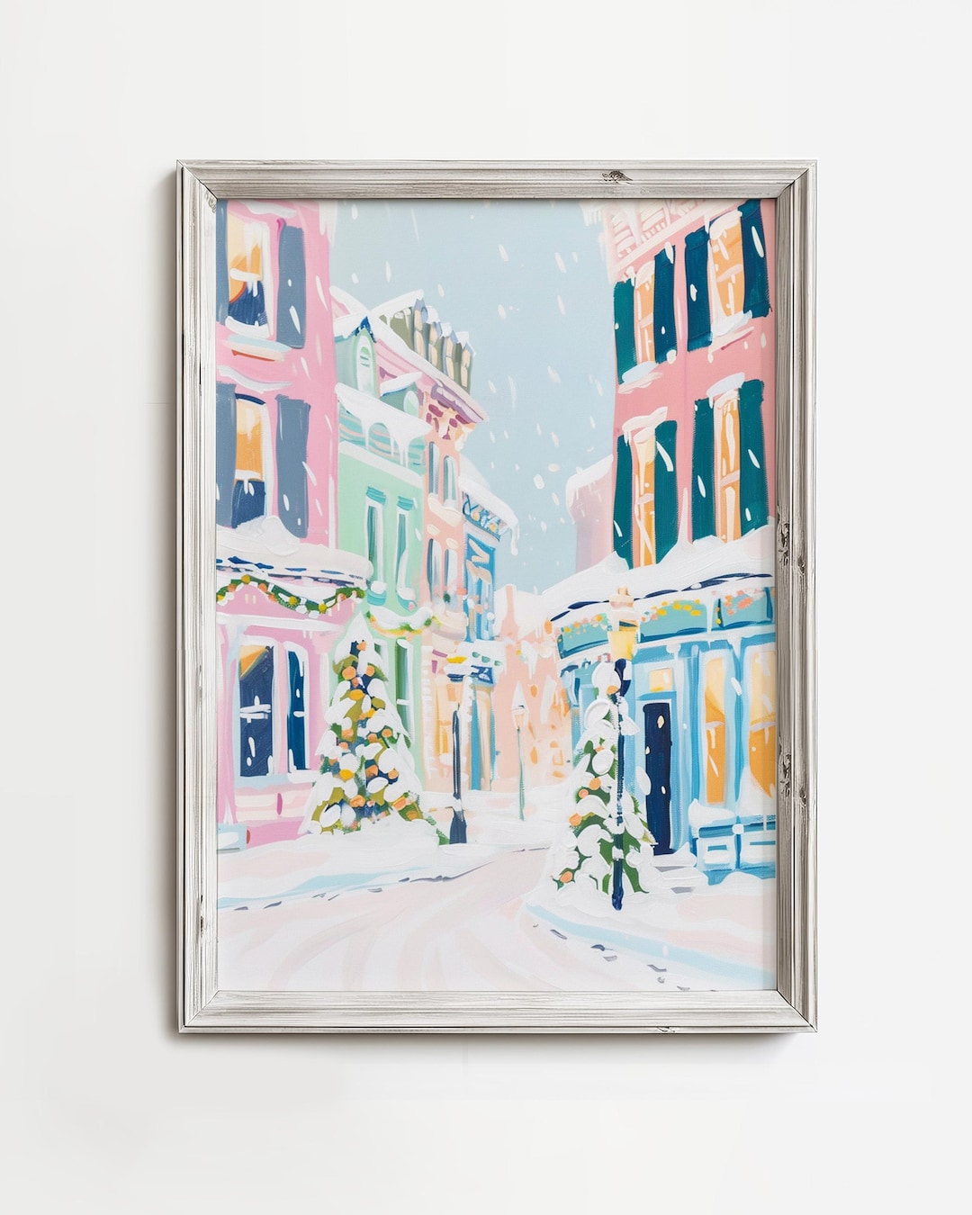 Downtown Snowstorm | Vintage Pink Christmas Painting | Pastel Winter ...