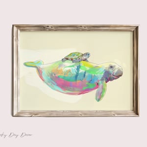 Sea Turtle on Sea Cow Whimsical Sea Turtle Art Happy Sea Life Print ...