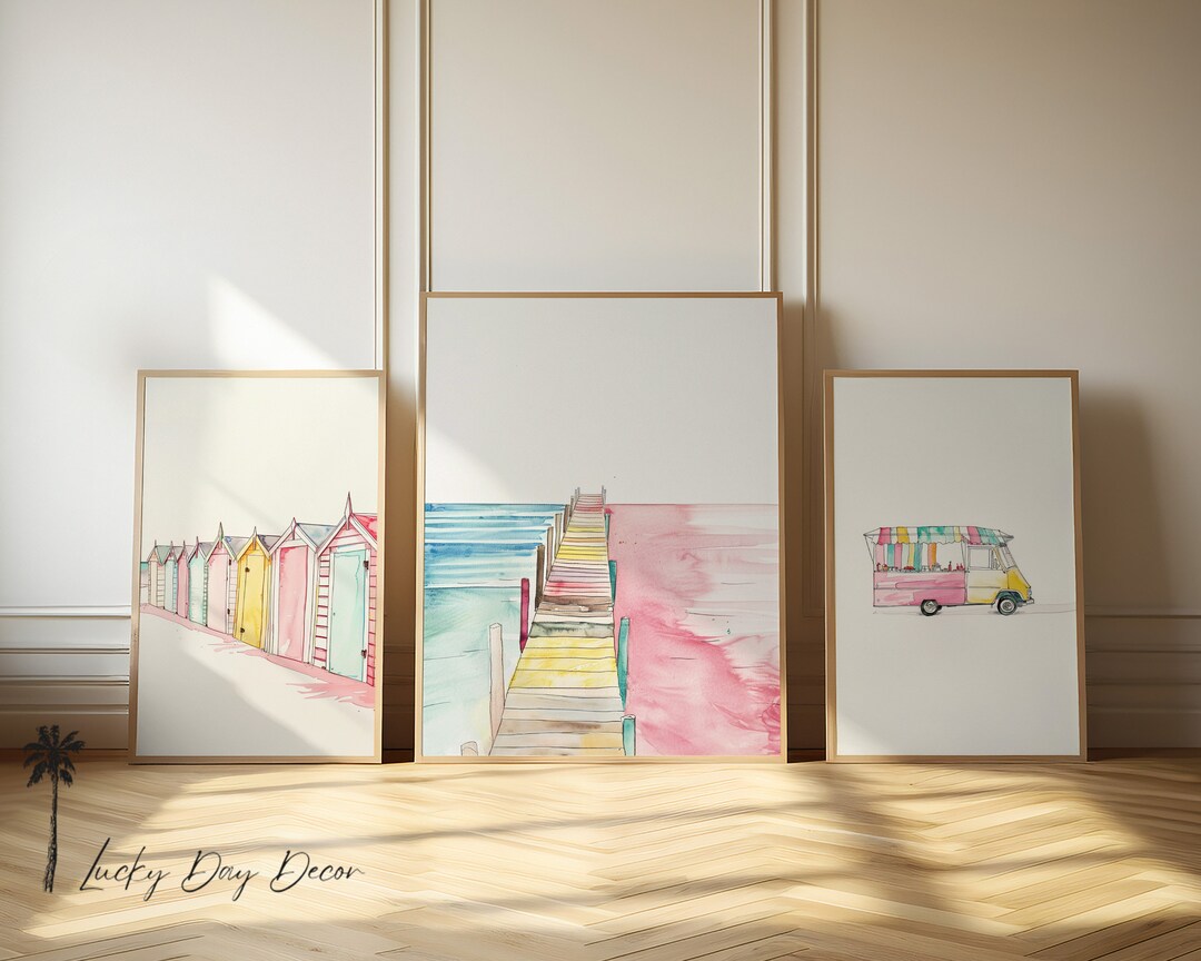 Coastal Colorful Art - Beach Huts Pier Food Truck - Collection of 3 ...
